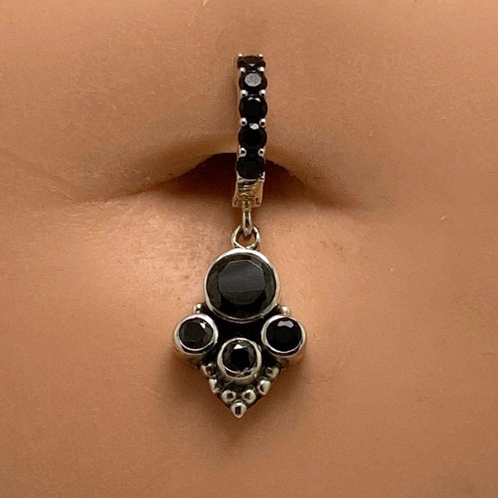 Black Belly Ring Silver Clasp with Black Gem Dangle Charm Sterling Silver